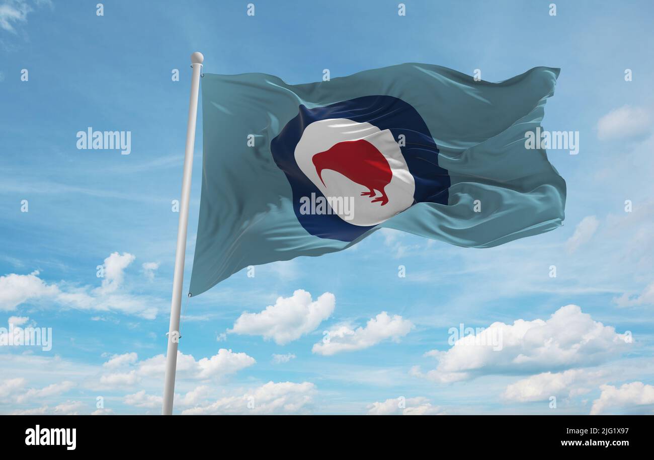 official flag of RNZAF paratrooper New Zealand at cloudy sky background ...
