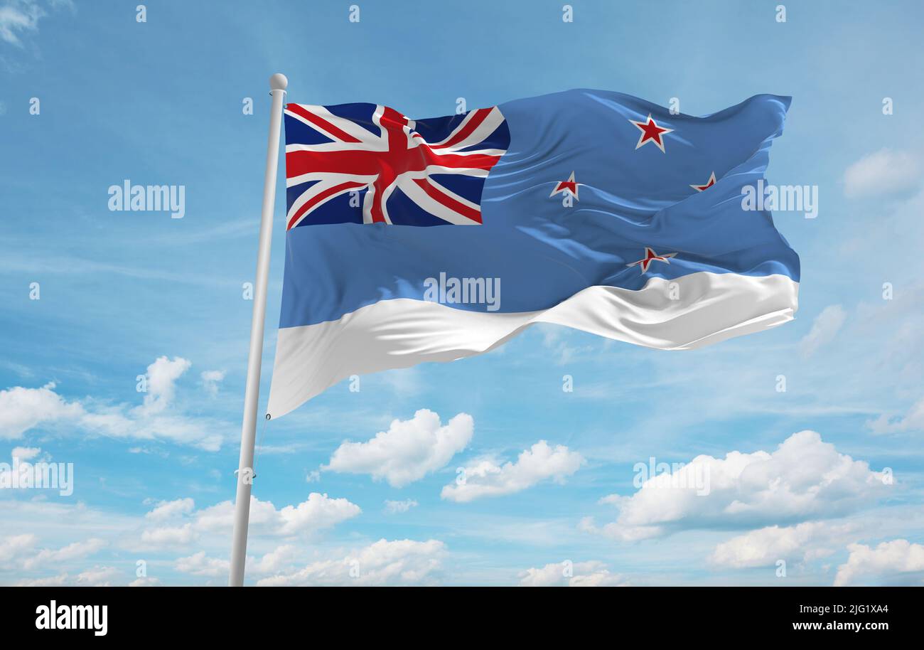 official flag of Ross Dependency New Zealand at cloudy sky background ...