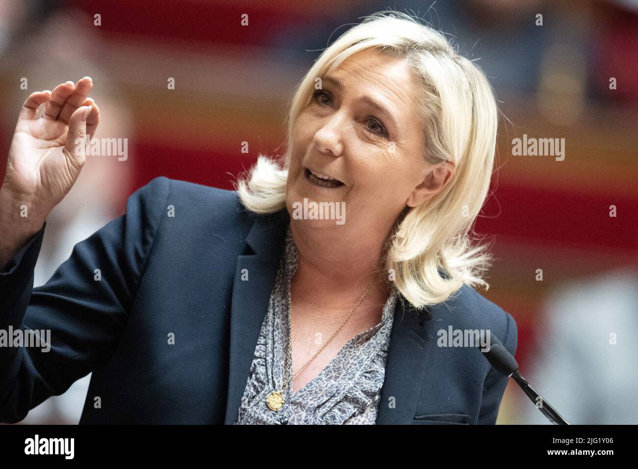 Deputy, President of the RN group, Marine Le Pen delivers a speech at ...