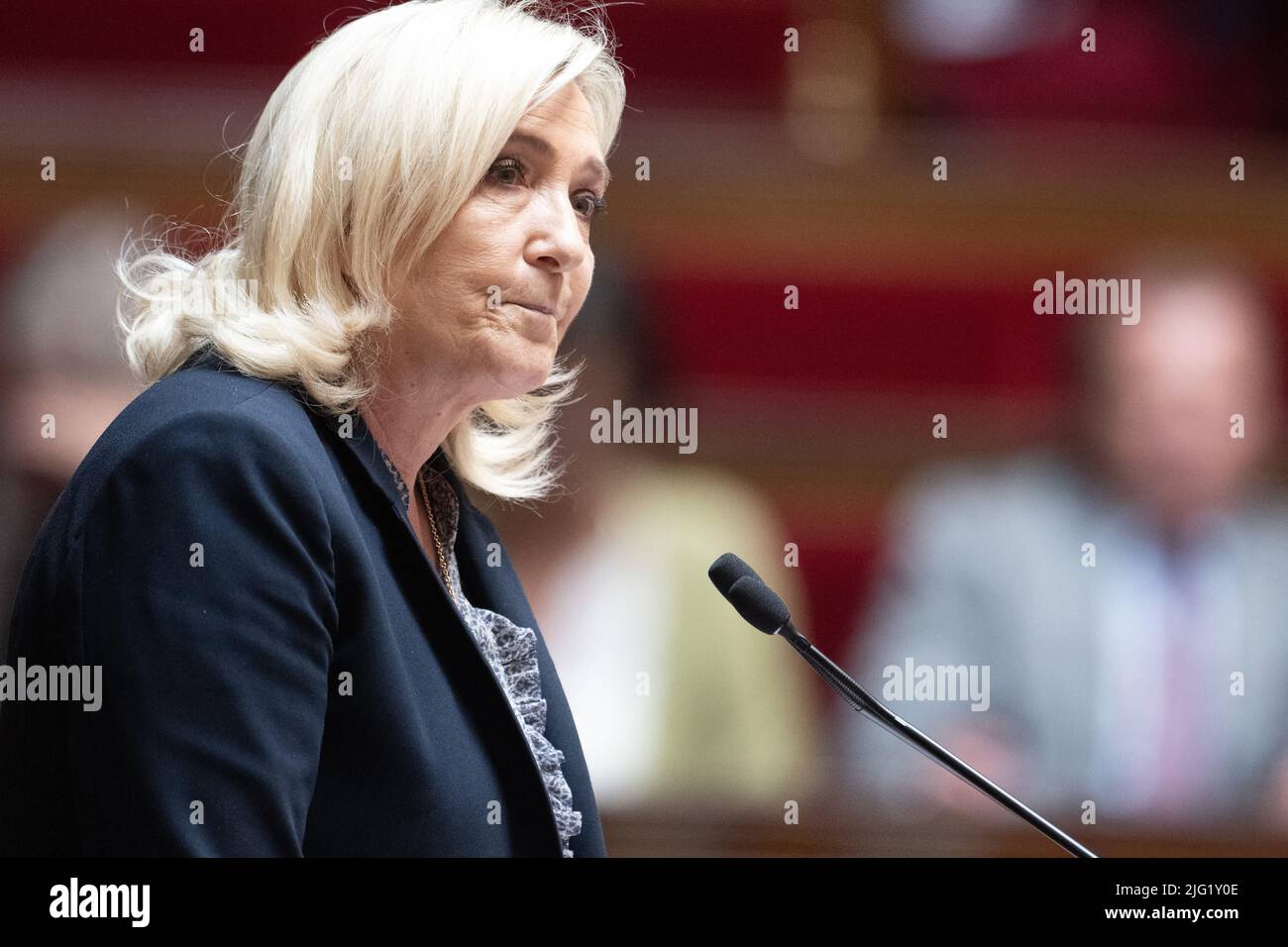 Deputy, President of the RN group, Marine Le Pen delivers a speech at ...
