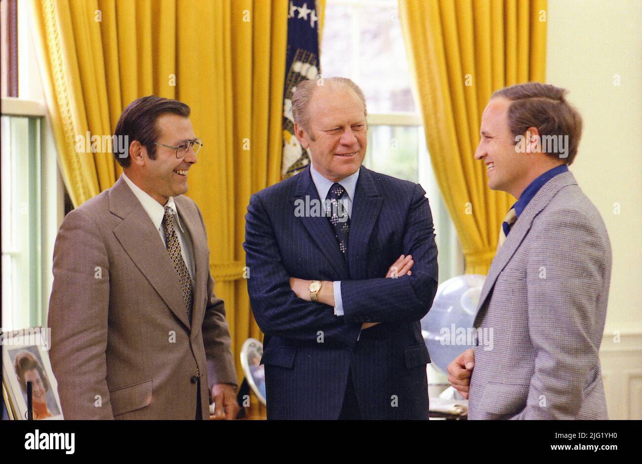 President Ford chats with Chief of Staff Donald Rumsfeld and Rumsfeld’s ...
