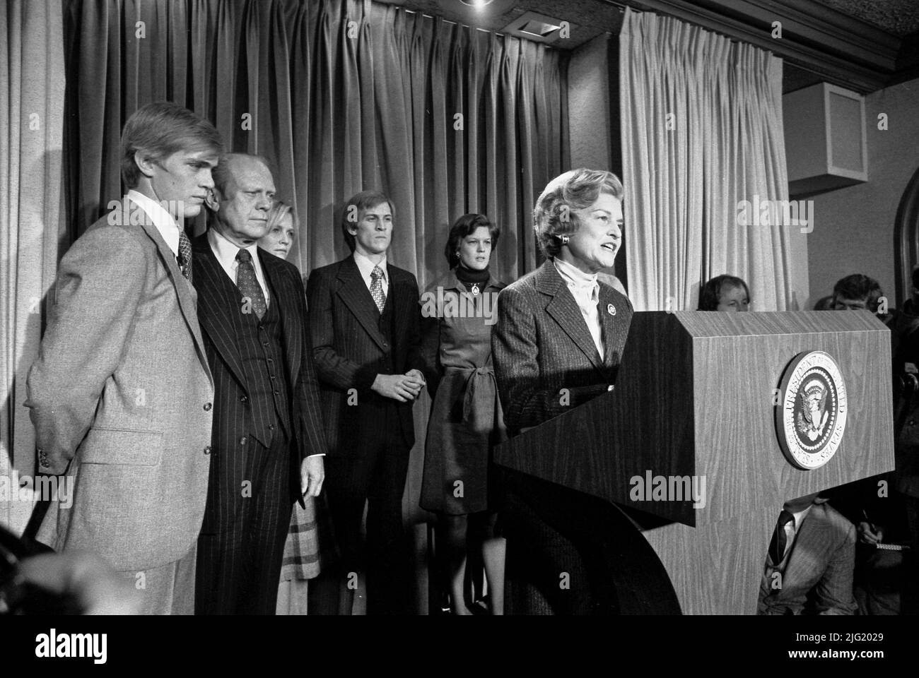 Mrs. Ford reads President Ford's concession speech to the press ...