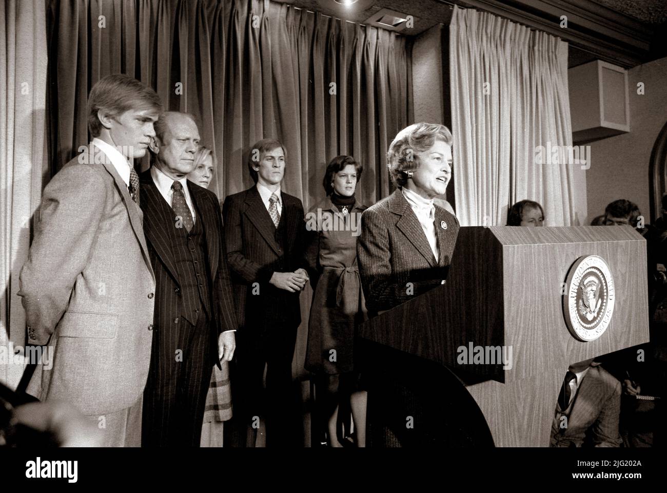 Mrs. Ford reads President Ford's concession speech to the press ...