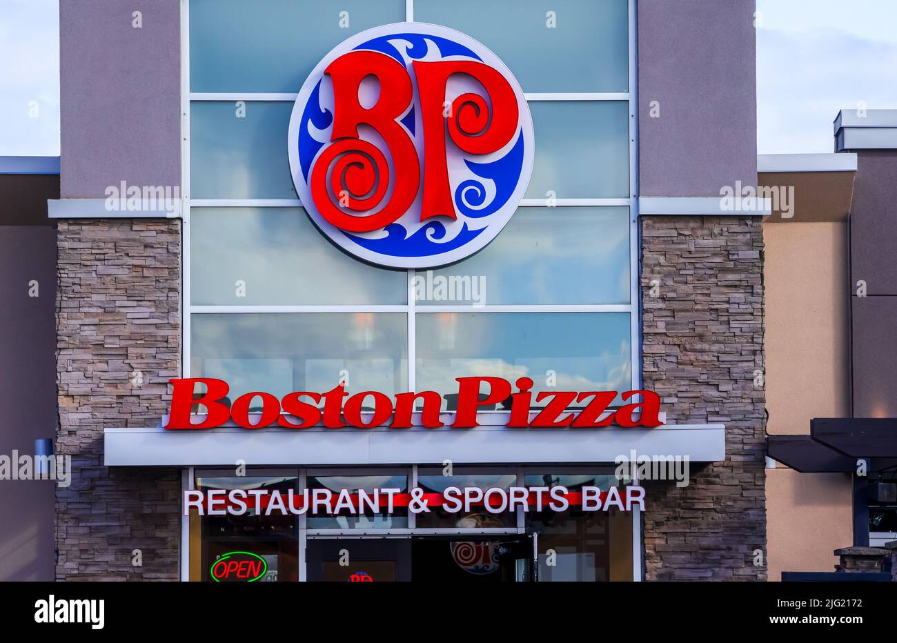Boston Pizza restaurant entrance. Canadian multinational restaurant ...