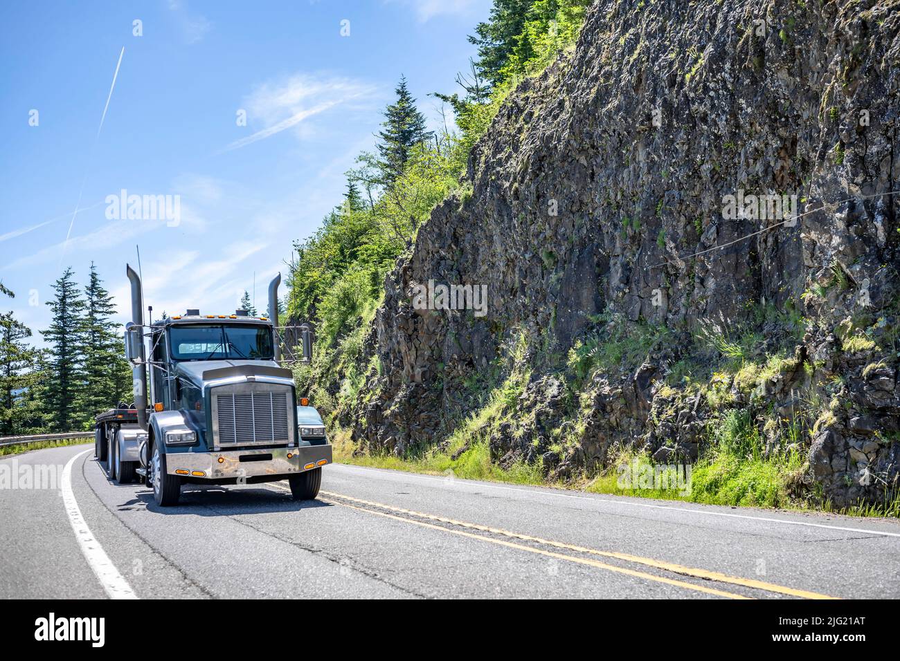 Powerful black bonnet day cab classic big rig semi truck tractor ...