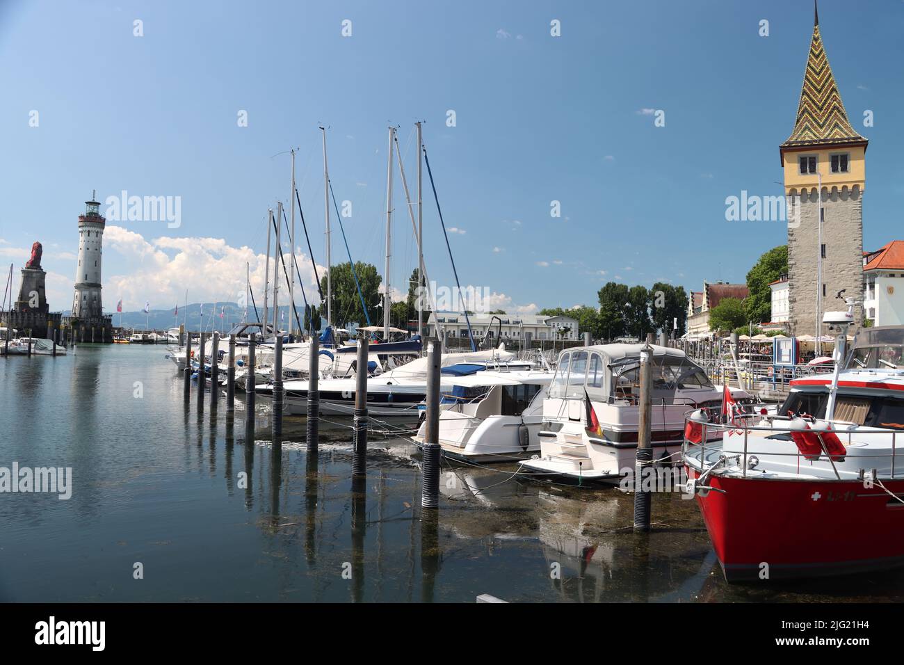Lindau harbour with landmark lighttower and bavaria lion. bavaria lion ...