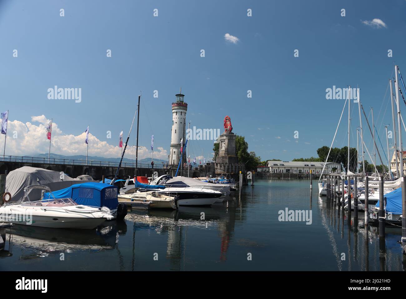 Lindau harbour with landmark lighttower and bavaria lion. bavaria lion ...