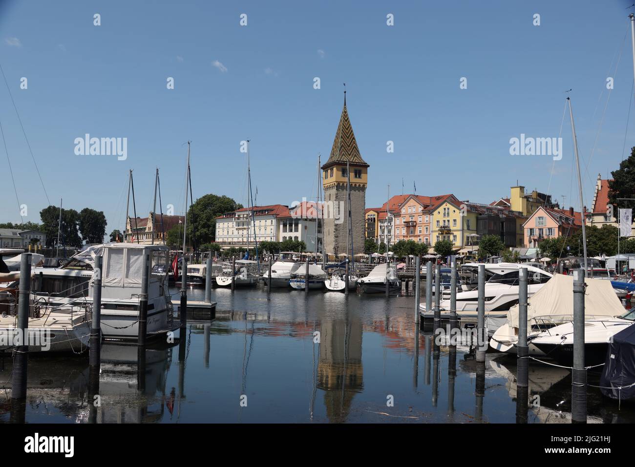 Lindau harbour with landmark lighttower and bavaria lion. bavaria lion ...