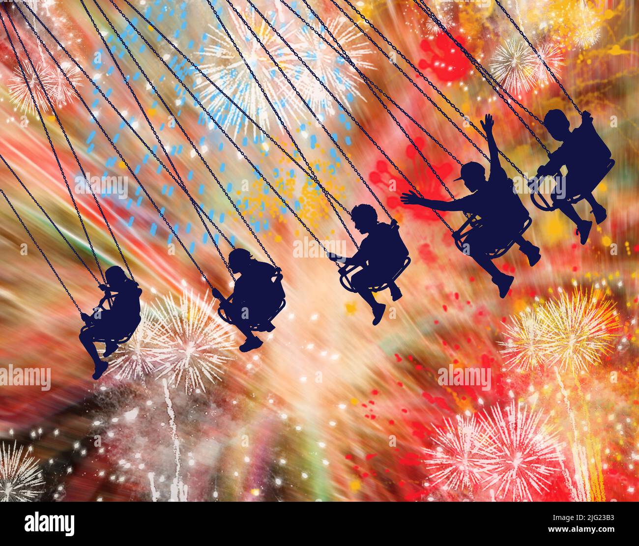 Young people are seen riding a chair swing carnival ride as fireworks ...