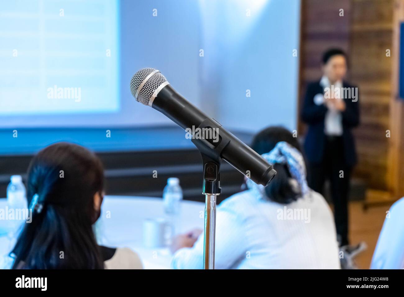 microphone is on microphone stand in seminar meeting room for everyone ...