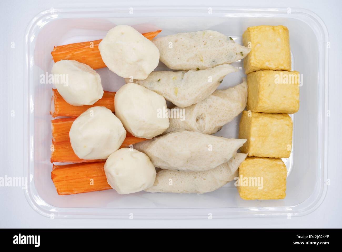 Tofu with fish, crab sticks, and meatballs They are used to make ...