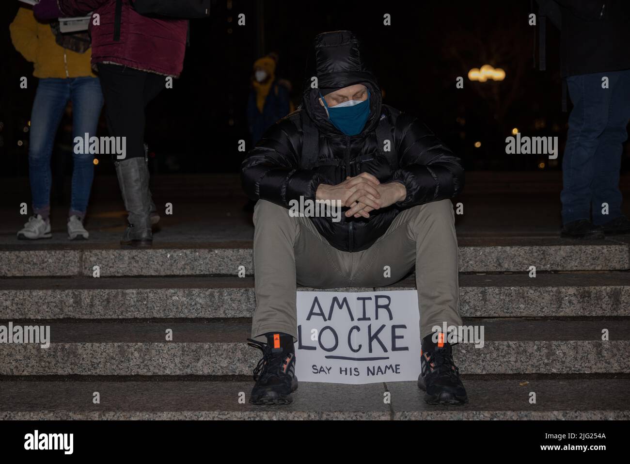 NEW YORK, N.Y. – February 8, 2022: A demonstrator in Union Square Park ...
