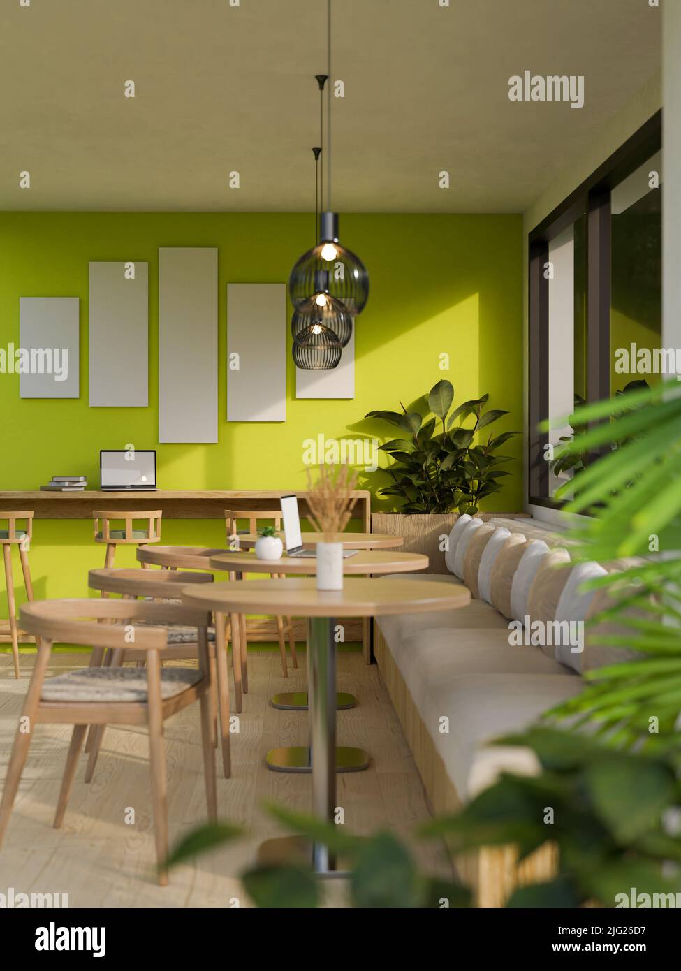 Modern trendy green coffee shop or cafe seating area interior design ...