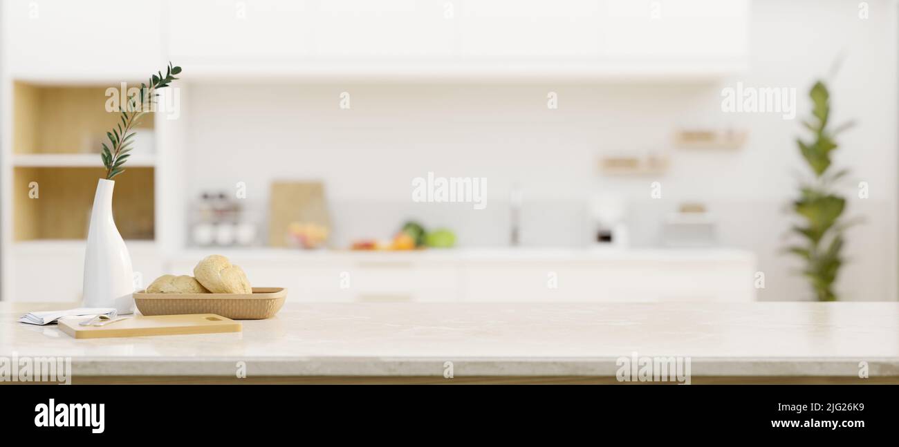 Modern white marble kitchen tabletop or countertop with bread basket ...