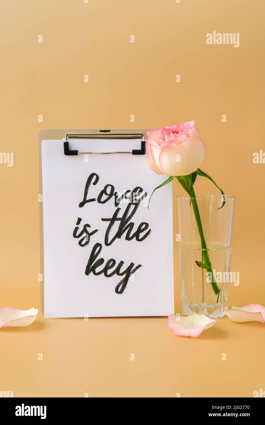 LOVE IS THE KEY text on greeting card paper note. Delicate pink roses ...