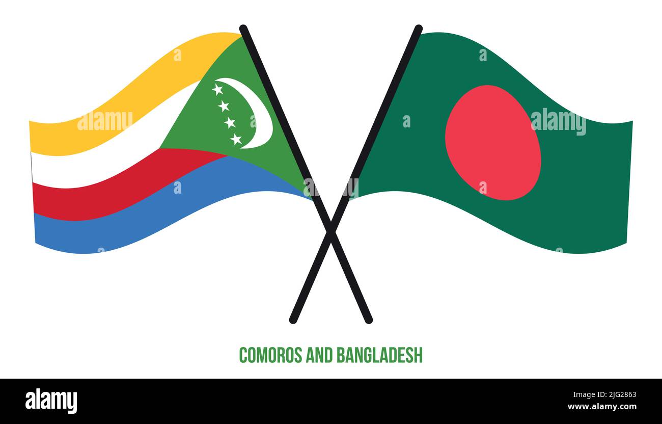 Comoros and Bangladesh Flags Crossed And Waving Flat Style. Official ...