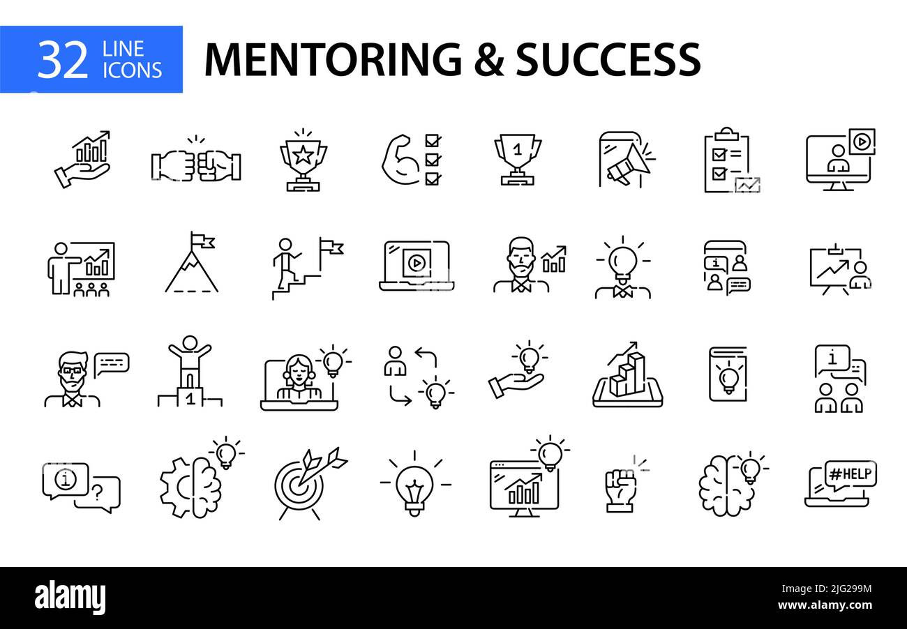 Set of 32 mentoring, coaching and success strategies icons. Pixel ...