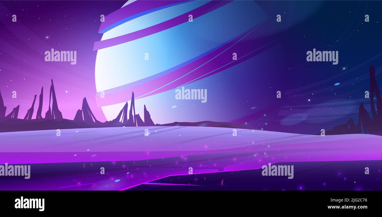 Cosmic background, alien planet deserted landscape with purple ...