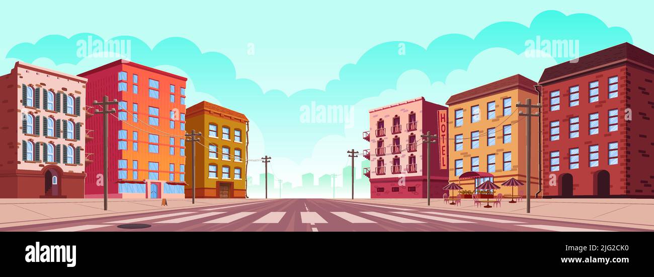 Urban street landscape with empty road and electric poles, buildings ...