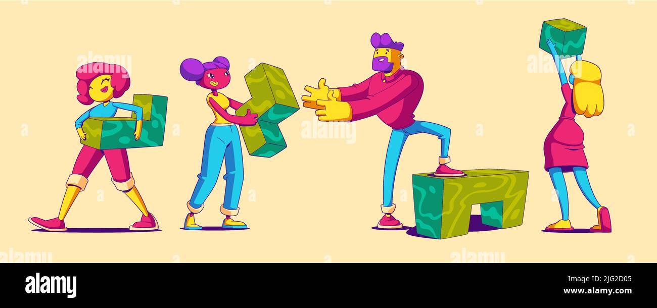 Contemporary characters team work together set up abstract geometric ...