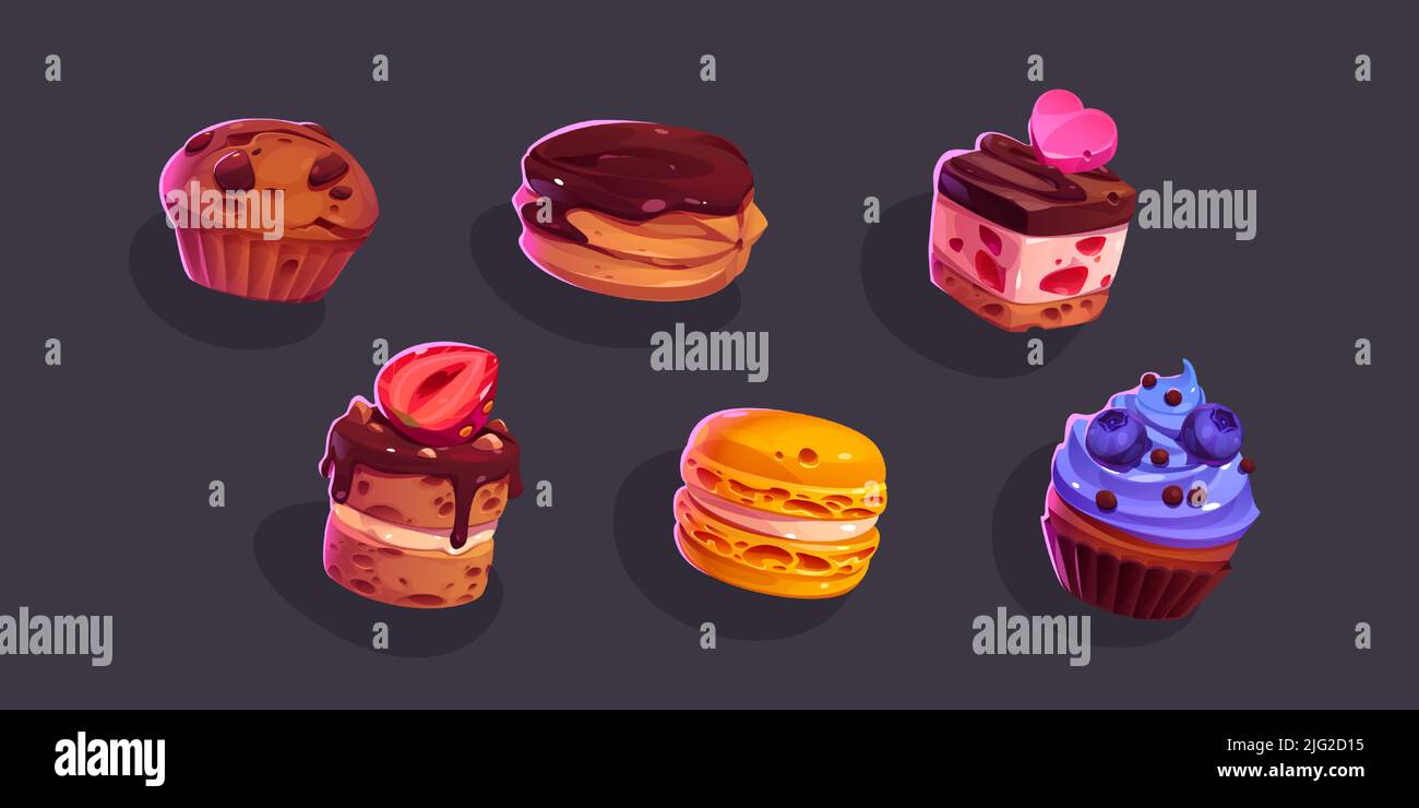Game icons cakes, sweets and desserts. Cartoon 2d ui graphic elements ...