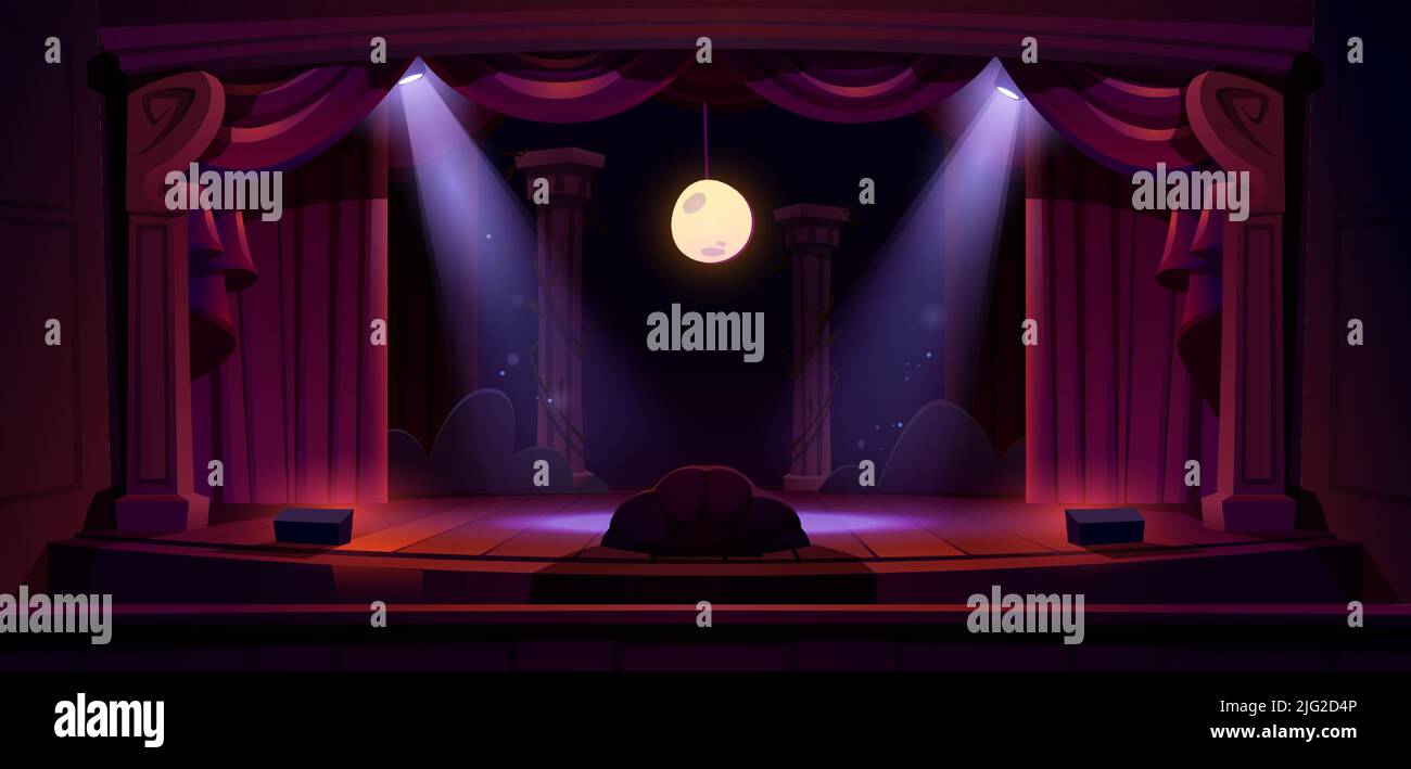 Theater stage with red curtains, spotlights and moon. Theatre interior ...