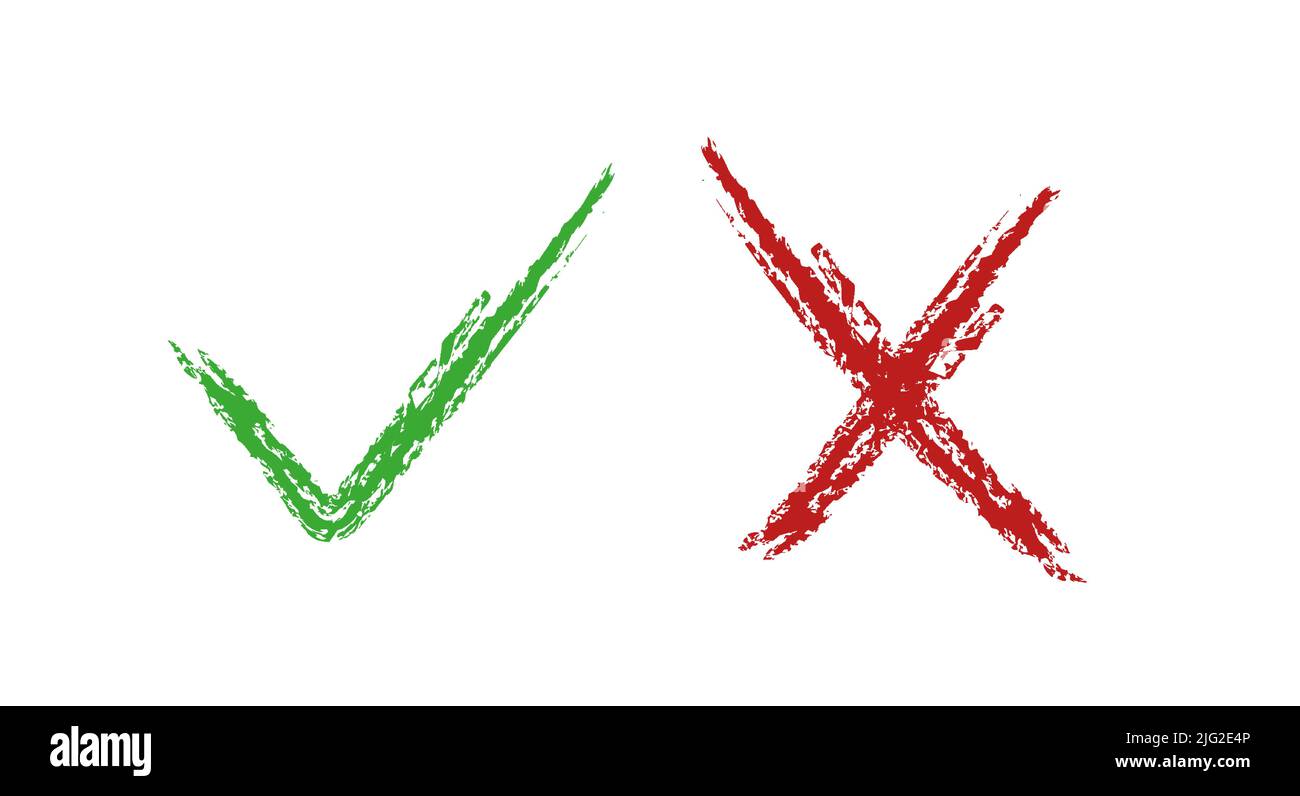 Check mark green and red hand-drawn line icons. Pros and cons, yes or ...
