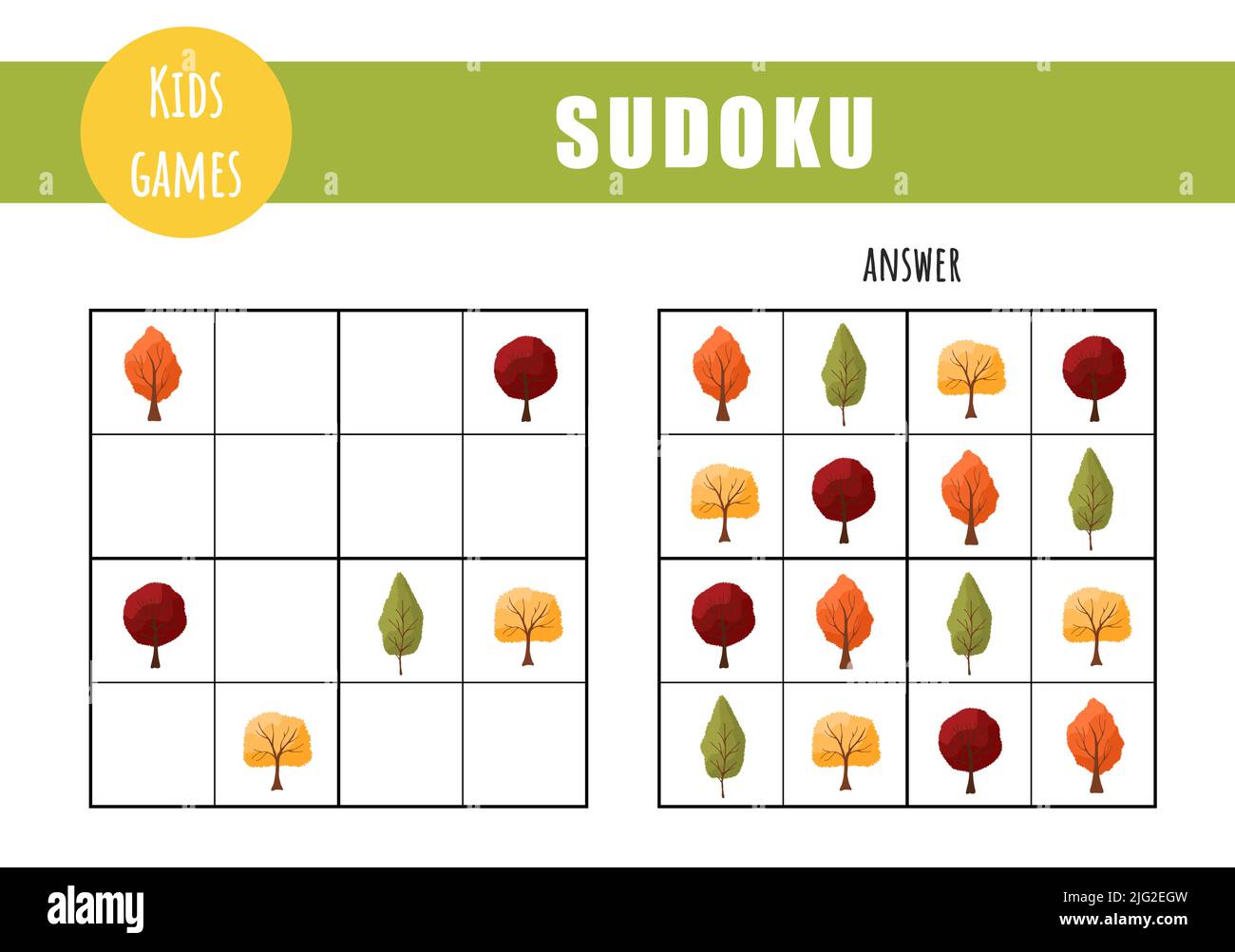 Sudoku for kids. Children activity sheet. Puzzle game with autumn trees ...