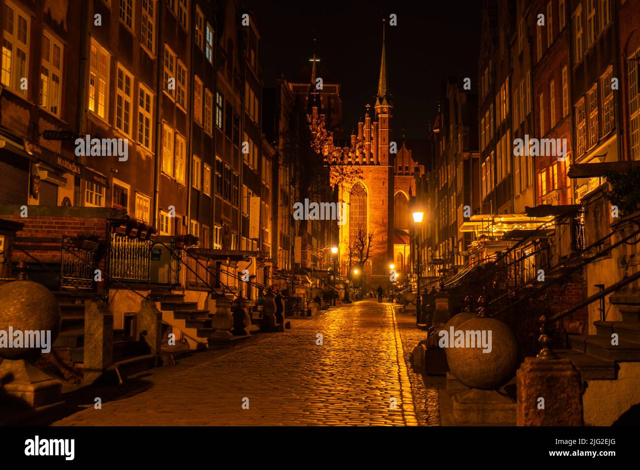 Cityscape of Gdansk with St. Mary Basilica and City Hall at night ...