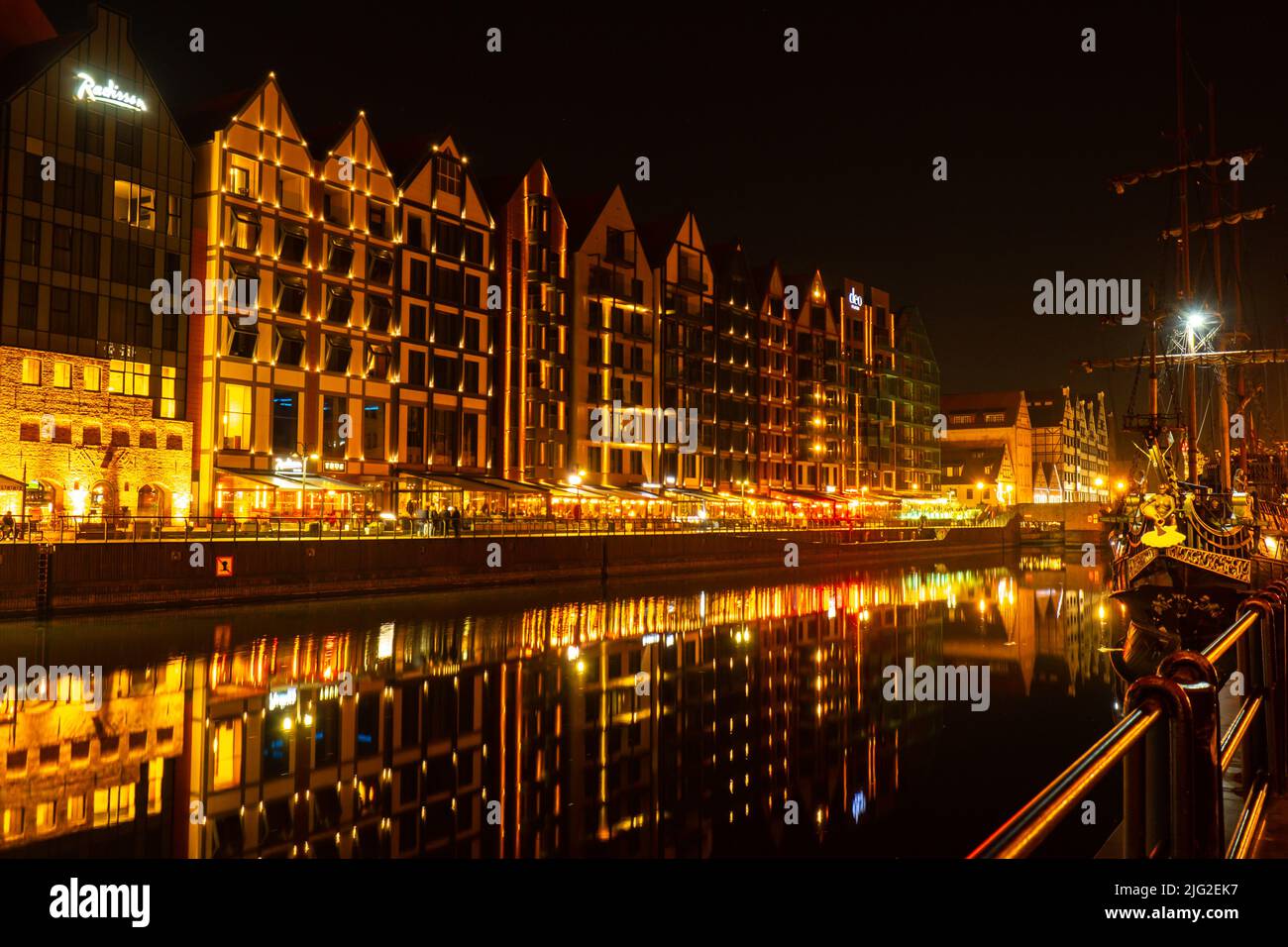 Old town in Gdansk at night. The riverside on Granary Island reflection ...