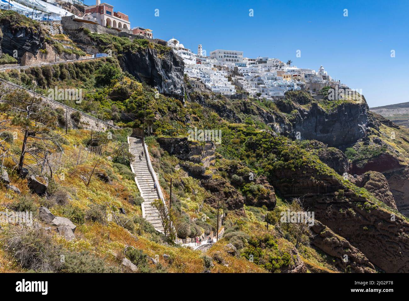 Scenic panoramic view of Santorini's cliffs viewed from the Fira's ...