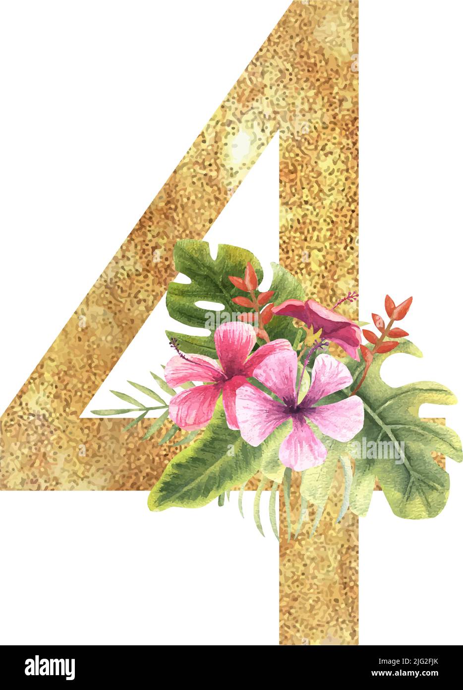 Golden number 4 with with a watercolor bouquet of tropical leaves and ...