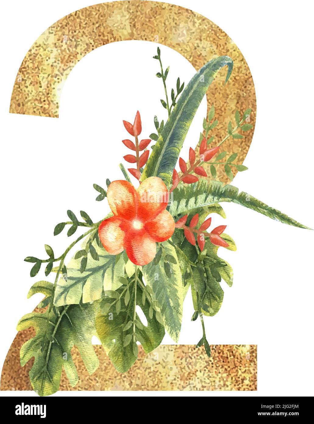 Golden number 2 with with a watercolor bouquet of tropical leaves and ...