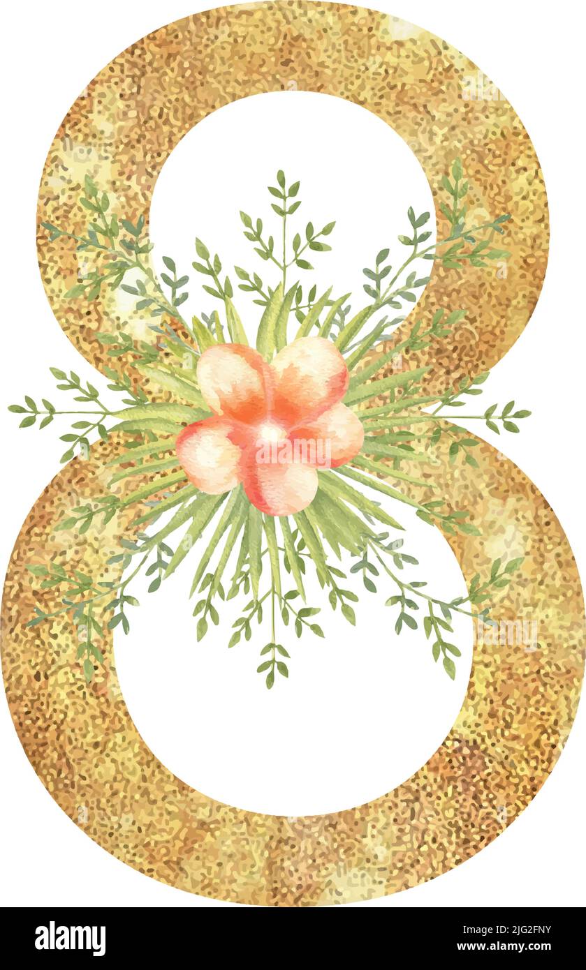 Golden number 8 with with a watercolor bouquet of tropical leaves and ...