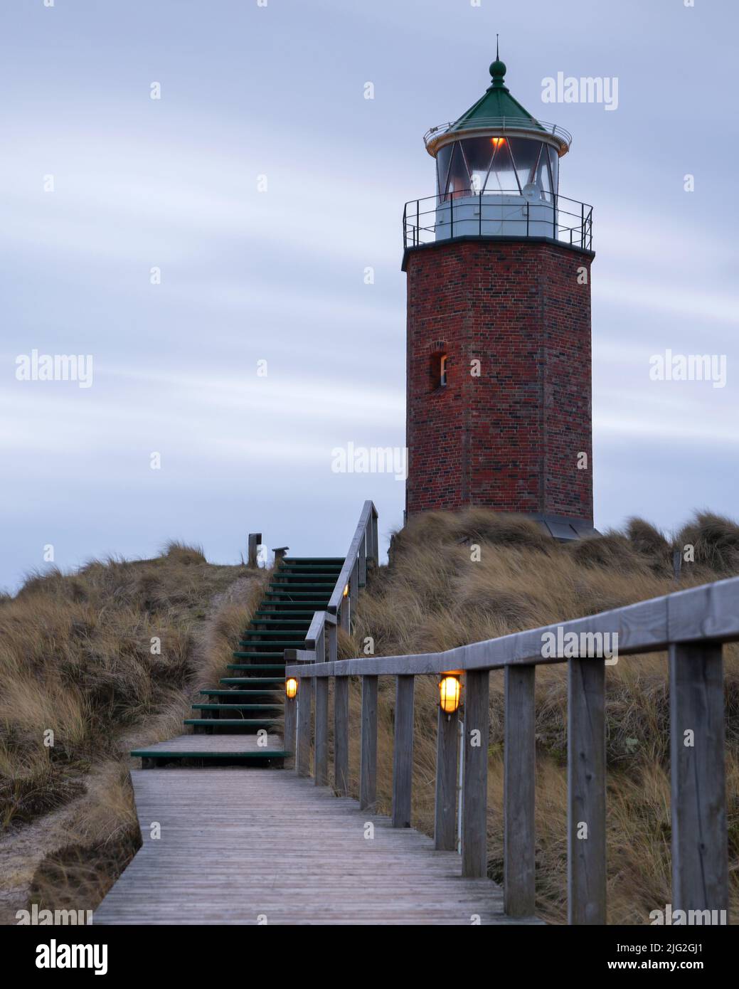 Panoramic image of Kampen lighthouse against evening sky, Sylt, North ...