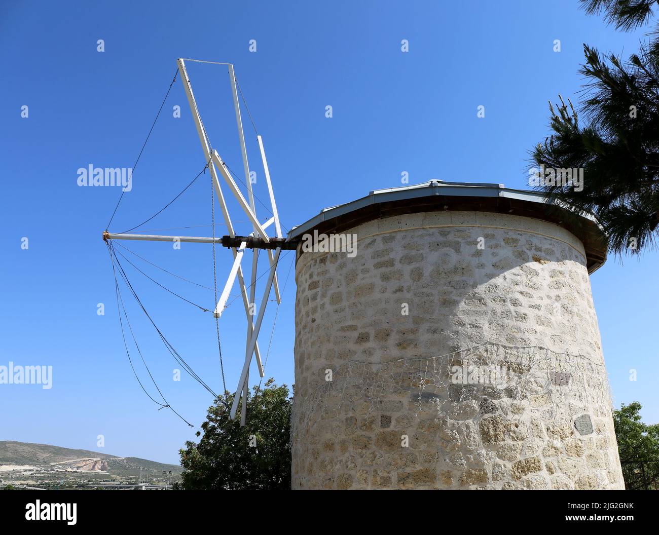 Old Greek Windmill with Trees and Blue Sky in Alacati, Izmir, Turkey ...