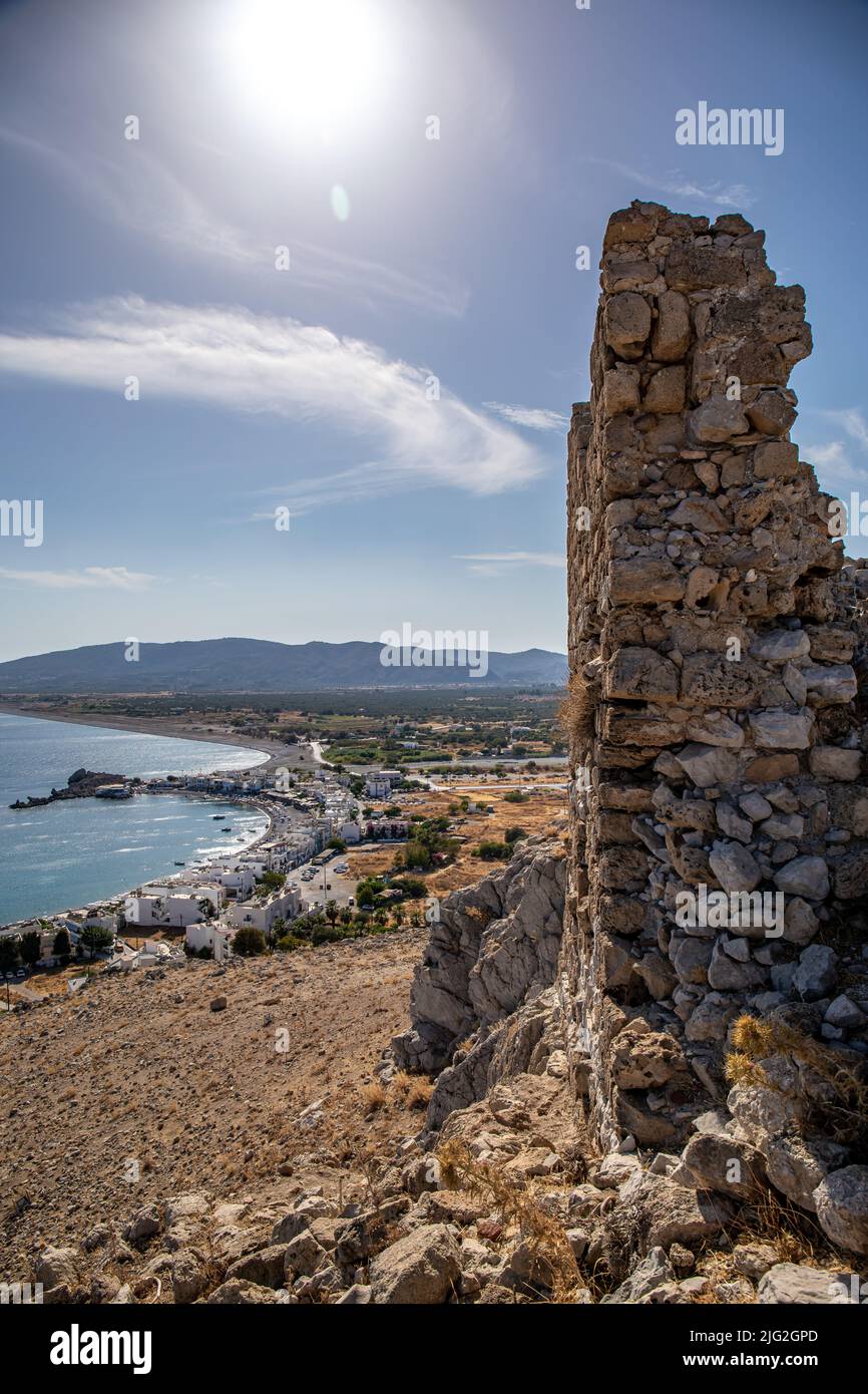 Ruined Feraklos castle overlooking Charaki, Rhodes island Stock Photo ...