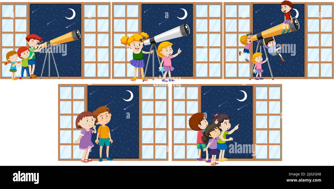 Set of different kids observe night sky with telescope illustration ...