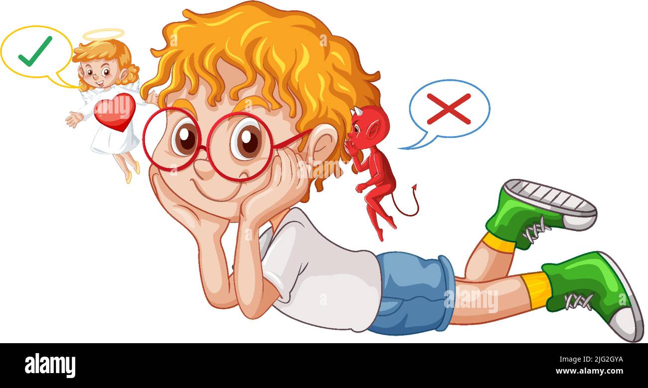 Cartoon character with devil and angel fighting in thought illustration ...