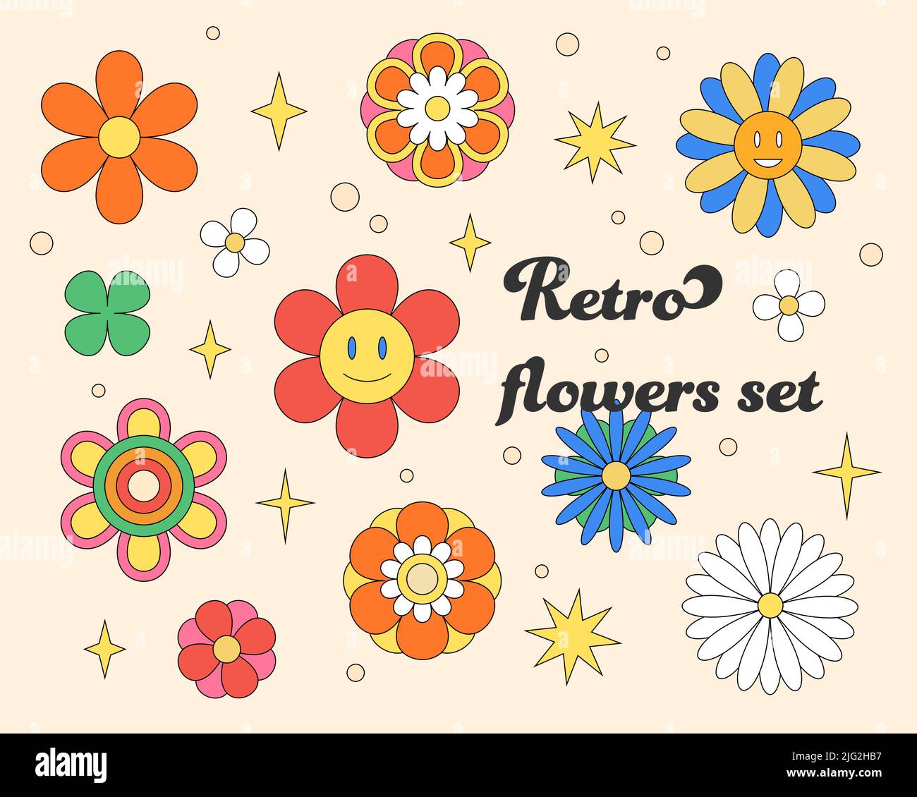 60s flowers sticker set. Floral hippie patches, groovy badges. Retro ...