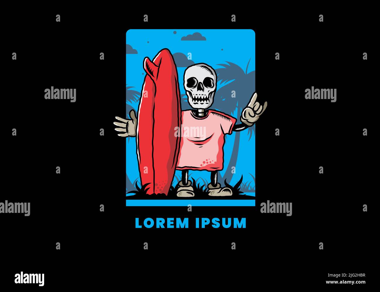 Illustration design of a little skull holding a surfing board Stock ...