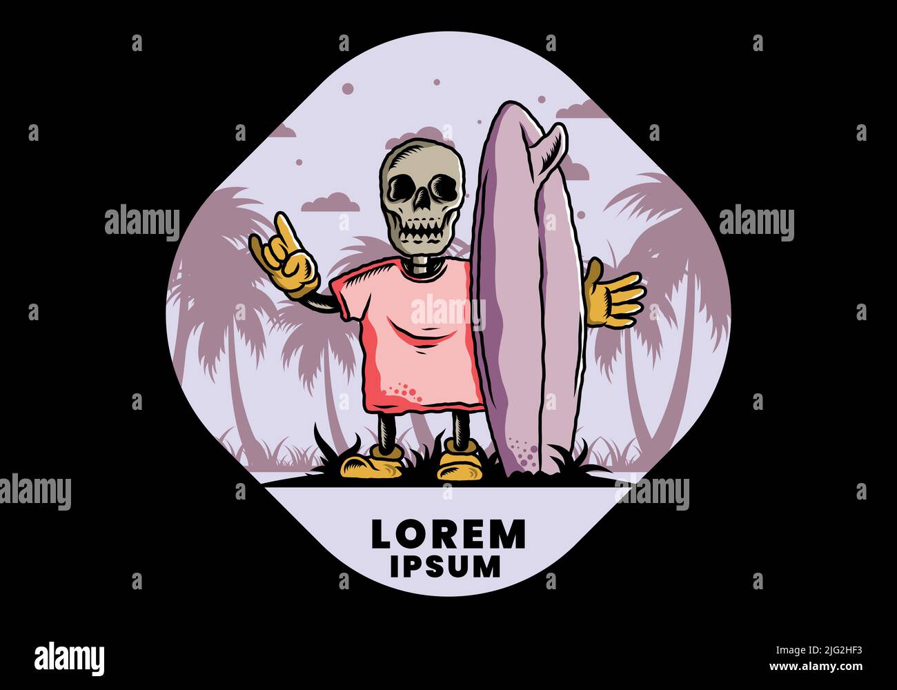 Illustration design of a little skull holding a surfing board Stock ...