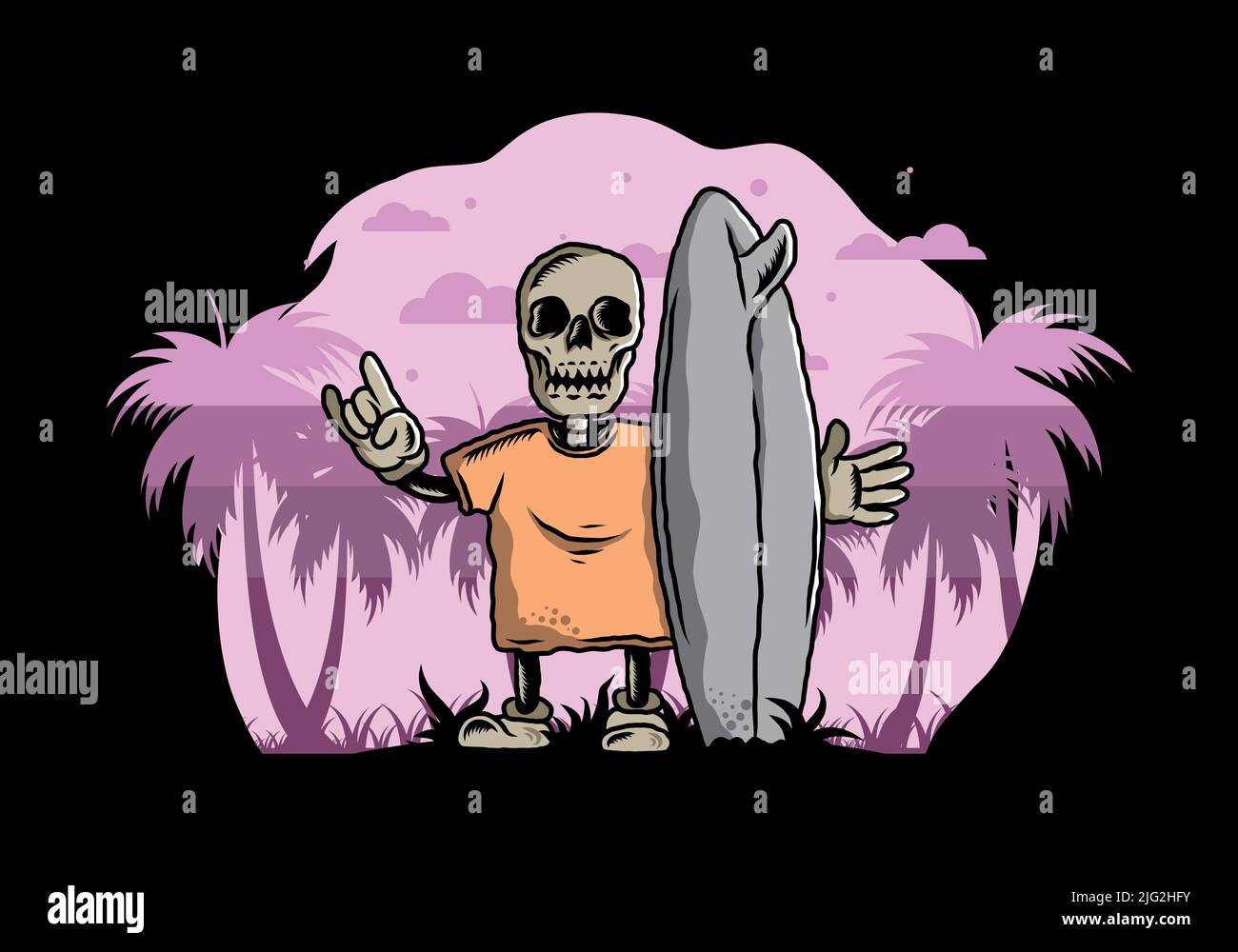 Illustration design of a little skull holding a surfing board Stock ...