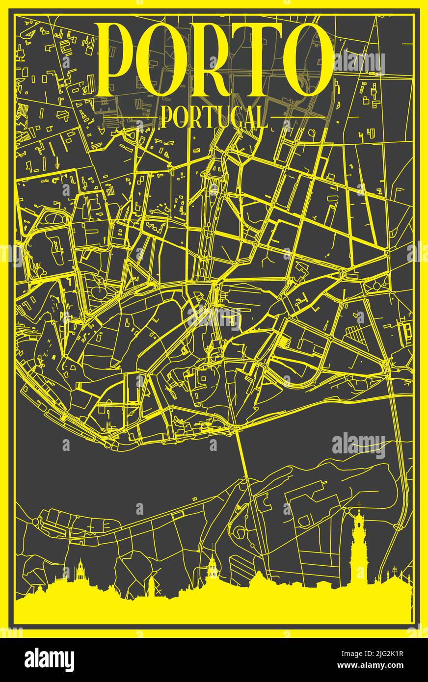Yellow printout city poster with panoramic skyline and hand-drawn ...