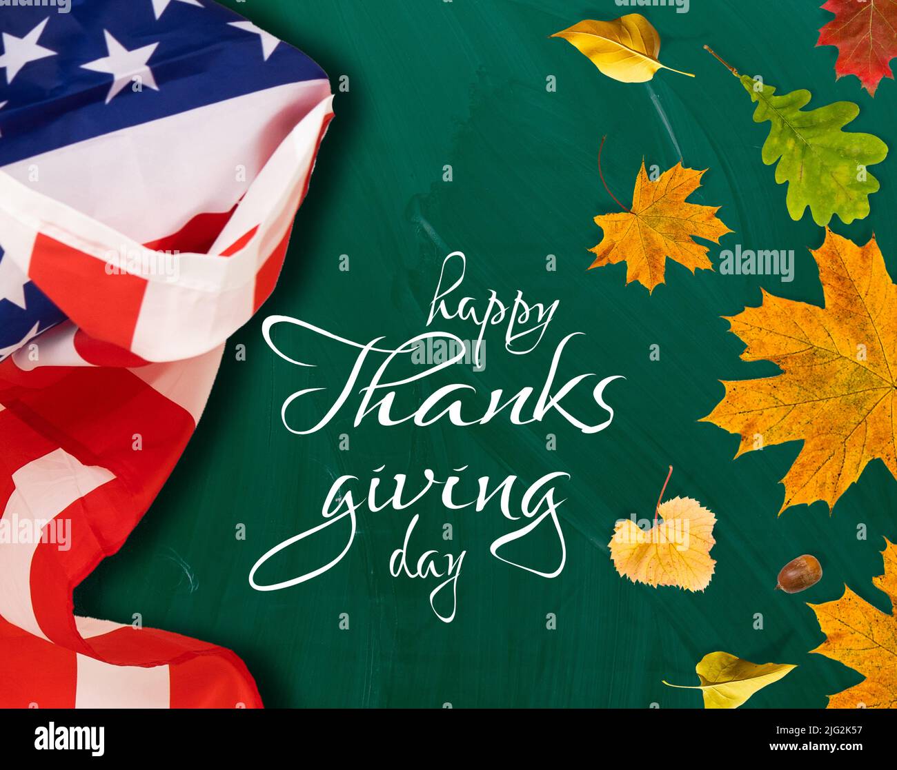 Happy Thanksgiving. USA American flag. Fall decor with autumn leaves ...