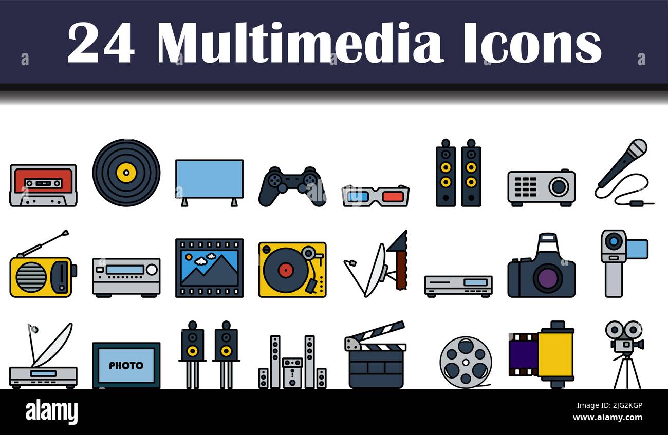 Multimedia Icon Set. Editable Bold Outline With Color Fill Design ...