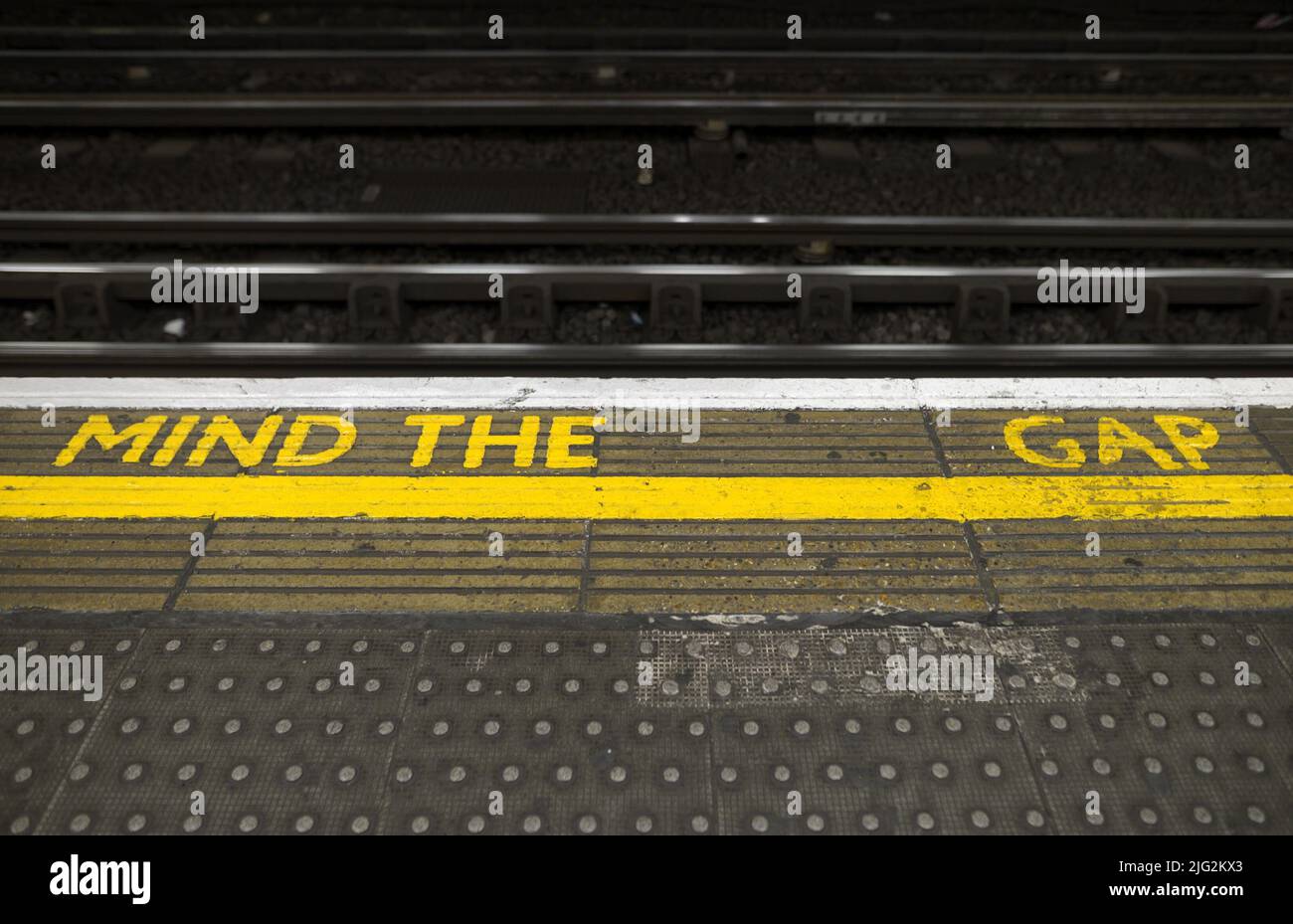 London, England, UK. London Undergound platform. "Mind the Gap" - with ...