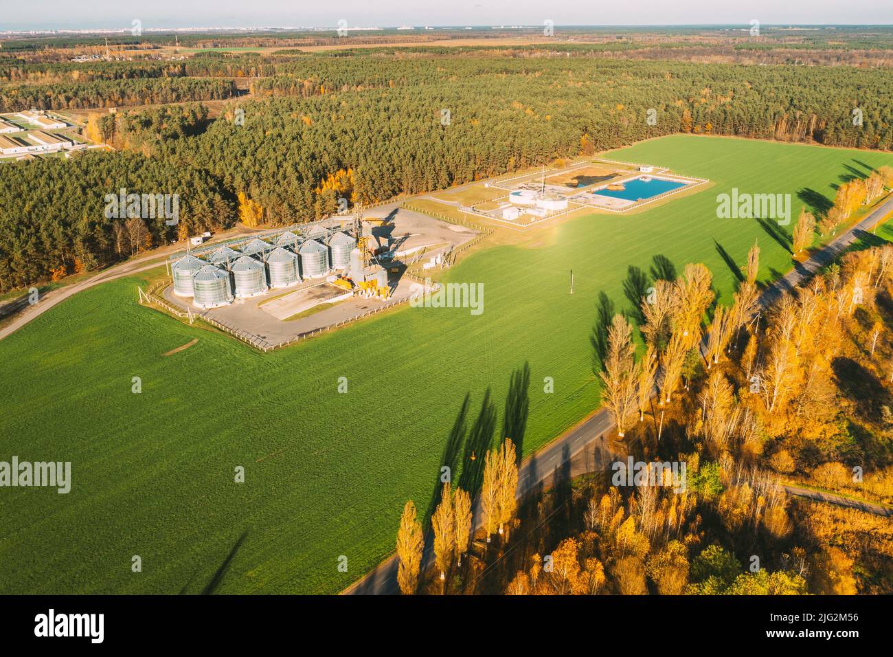 Aerial view modern granary, grain-drying complex, commercial grain or ...