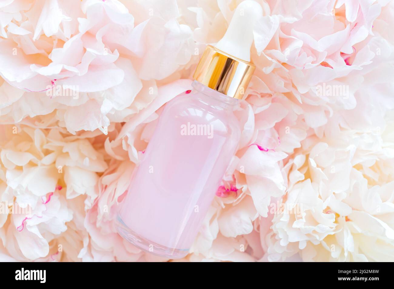 A pink glass bottle with a serum, essential oil or other cosmetic ...