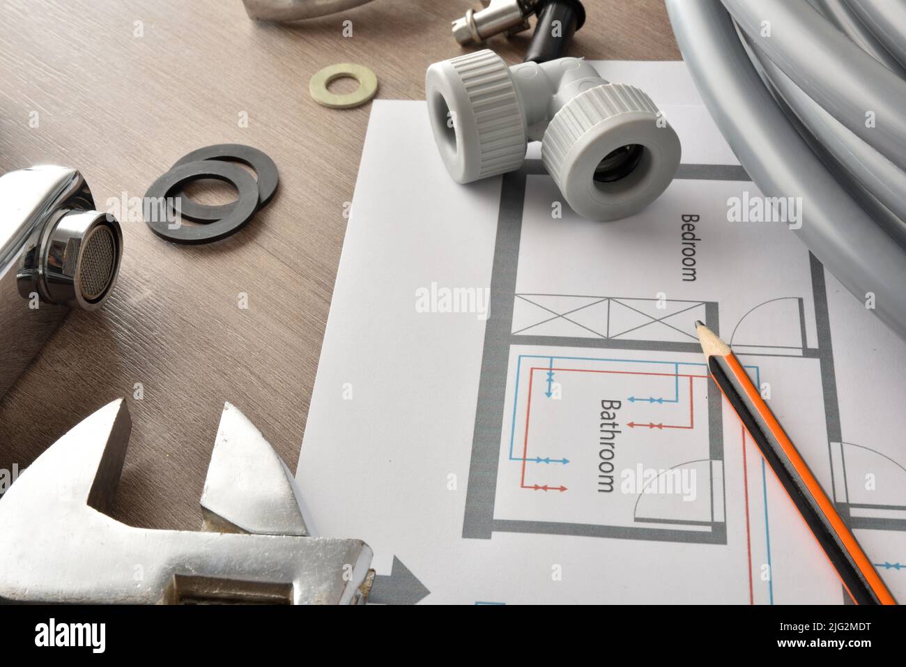 Plumbing reform in homes with material and tools on wooden table.. Top ...